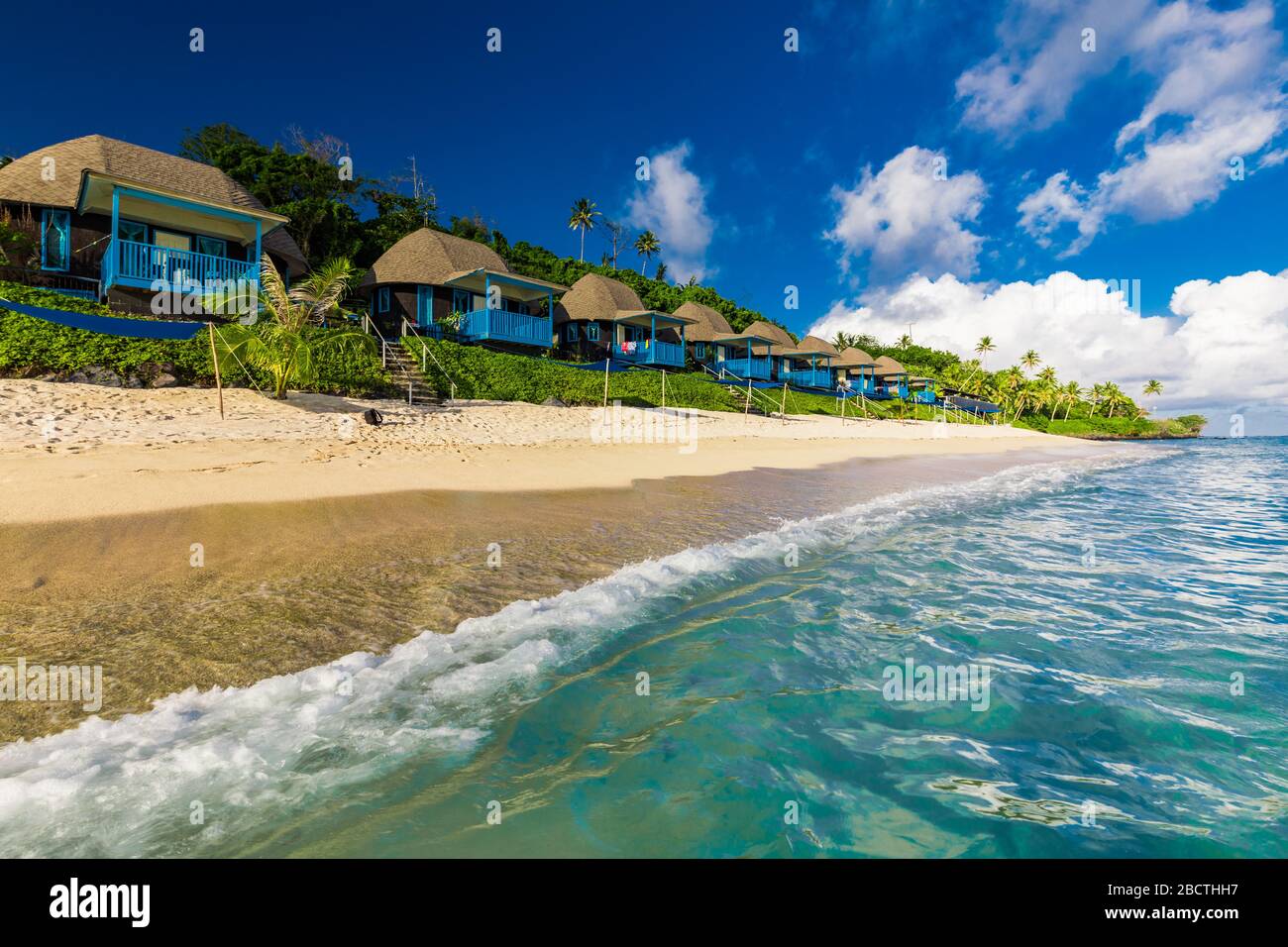 Lalomanu beach with open huts called fales, south side of Upolu Island ...