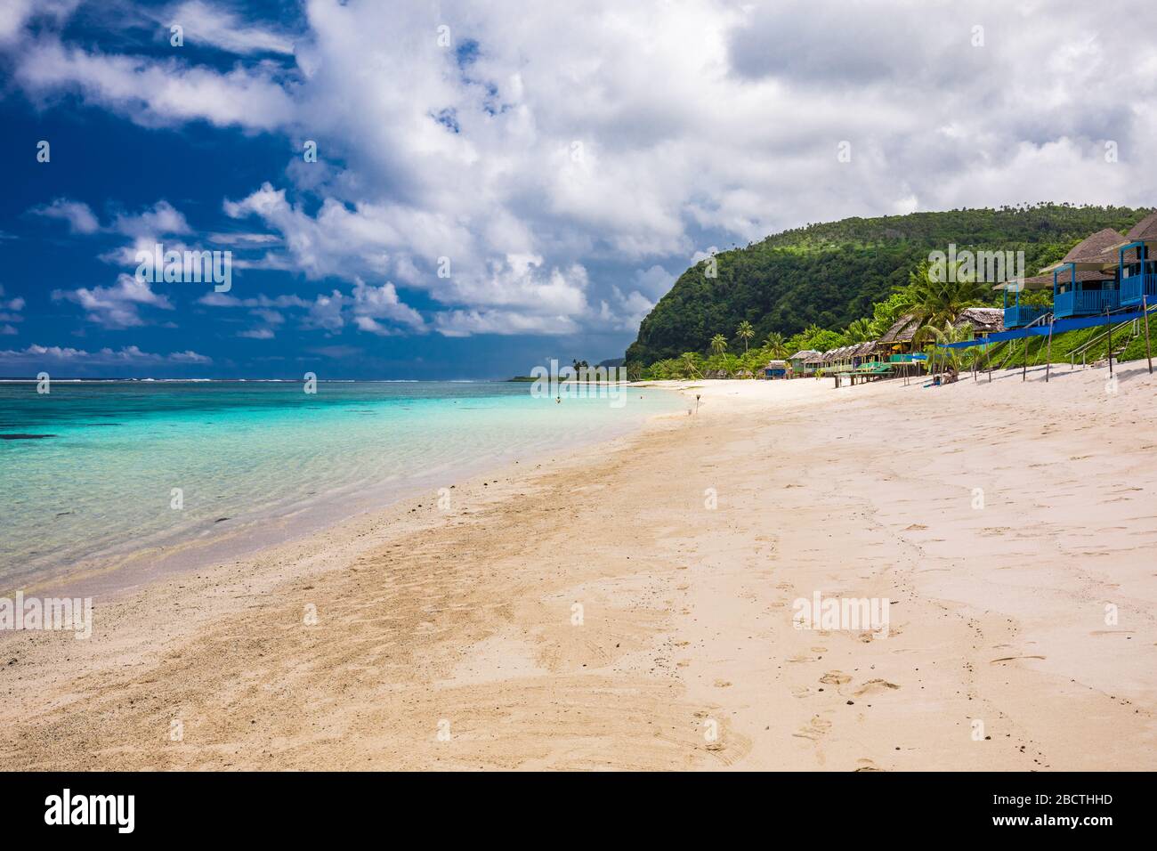 Tropical beach on south side of Samoa Island with coconut palm trees ...