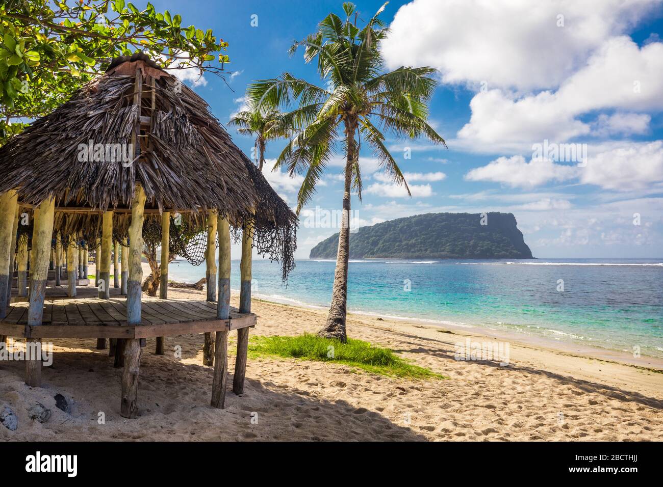 Lalomanu beach with open huts called fales, south side of Upolu Island ...