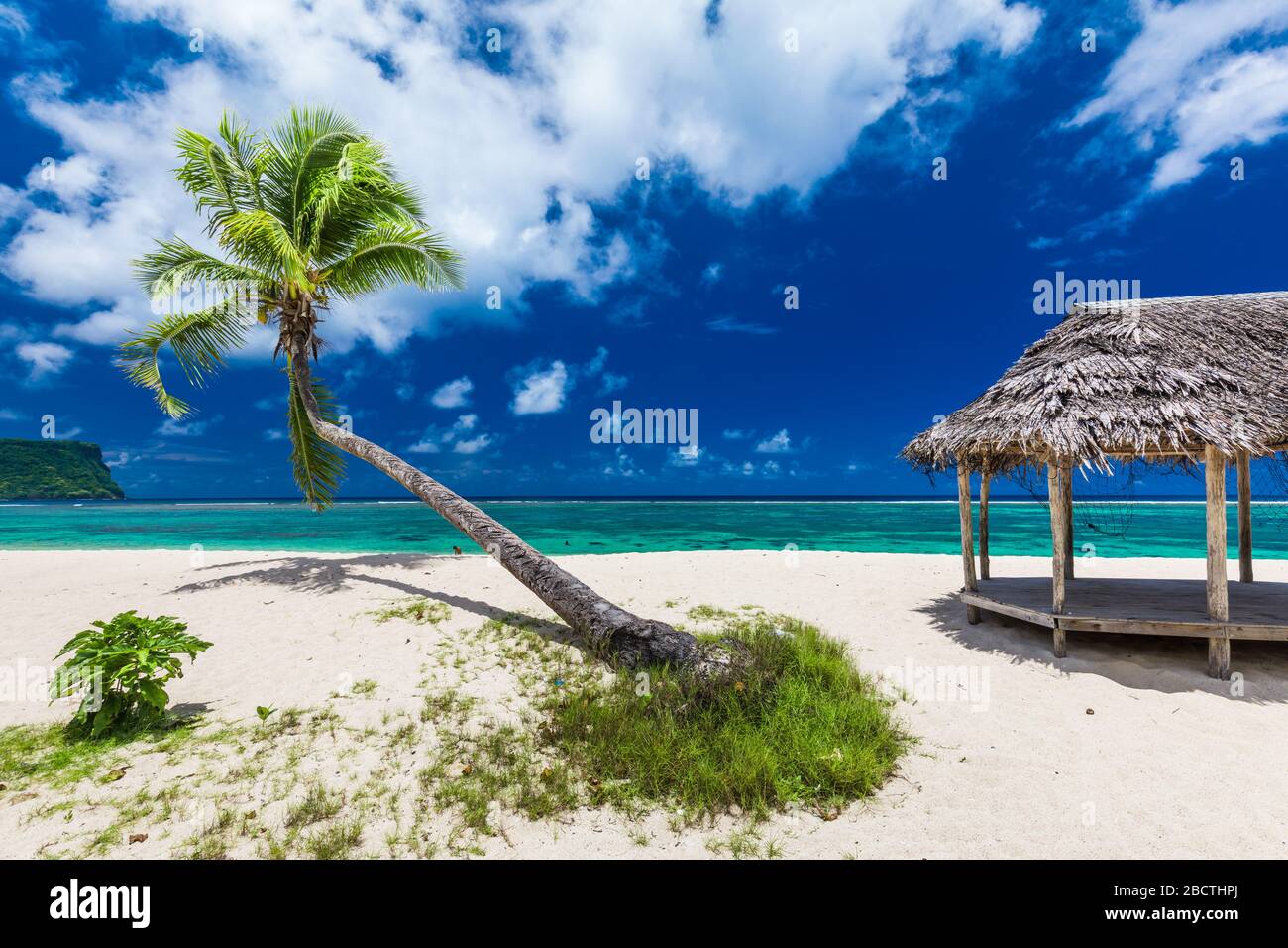Lalomanu beach with open huts called fales, south side of Upolu Island ...