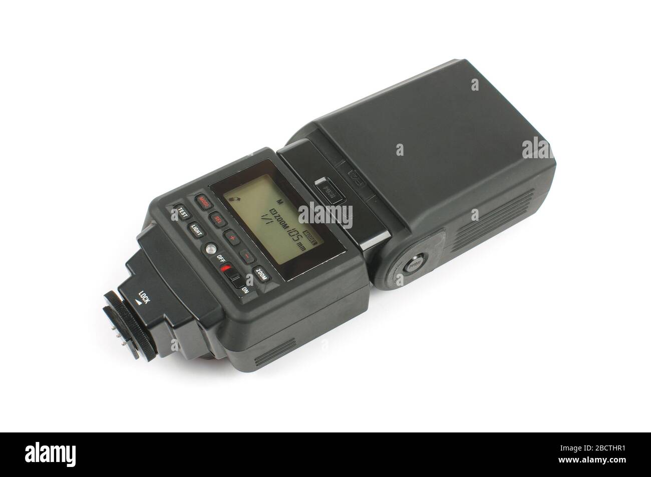 External DSLR photo camera flash called speedlight on the white ...