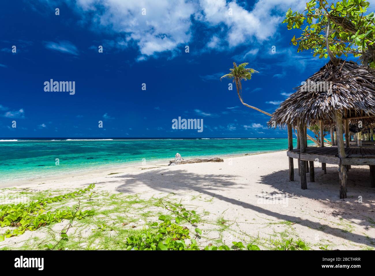 Lalomanu beach with open huts called fales, south side of Upolu Island ...
