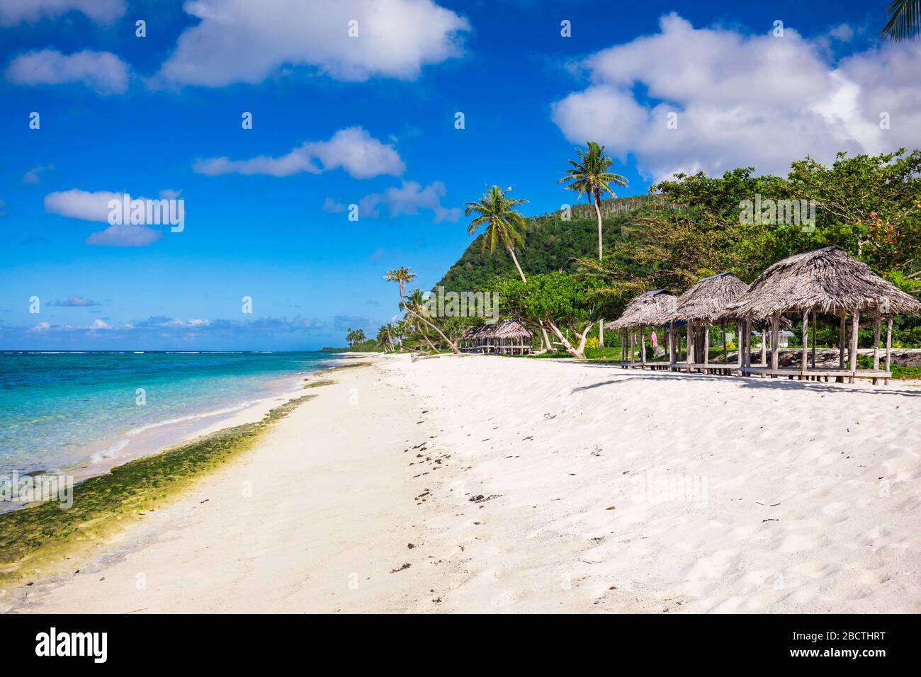 Lalomanu beach with open huts called fales, south side of Upolu Island ...