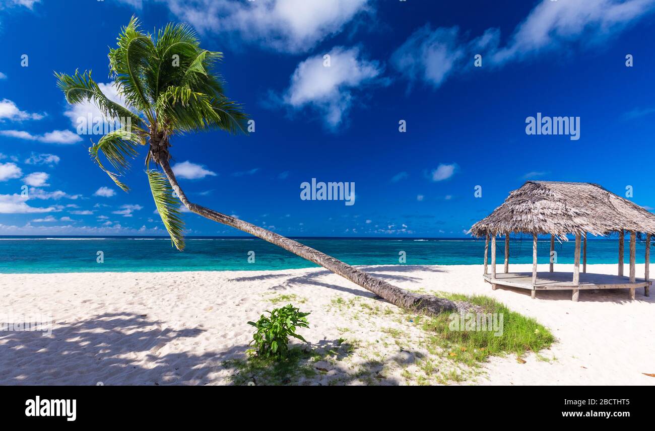 Lalomanu beach with open huts called fales, south side of Upolu Island ...