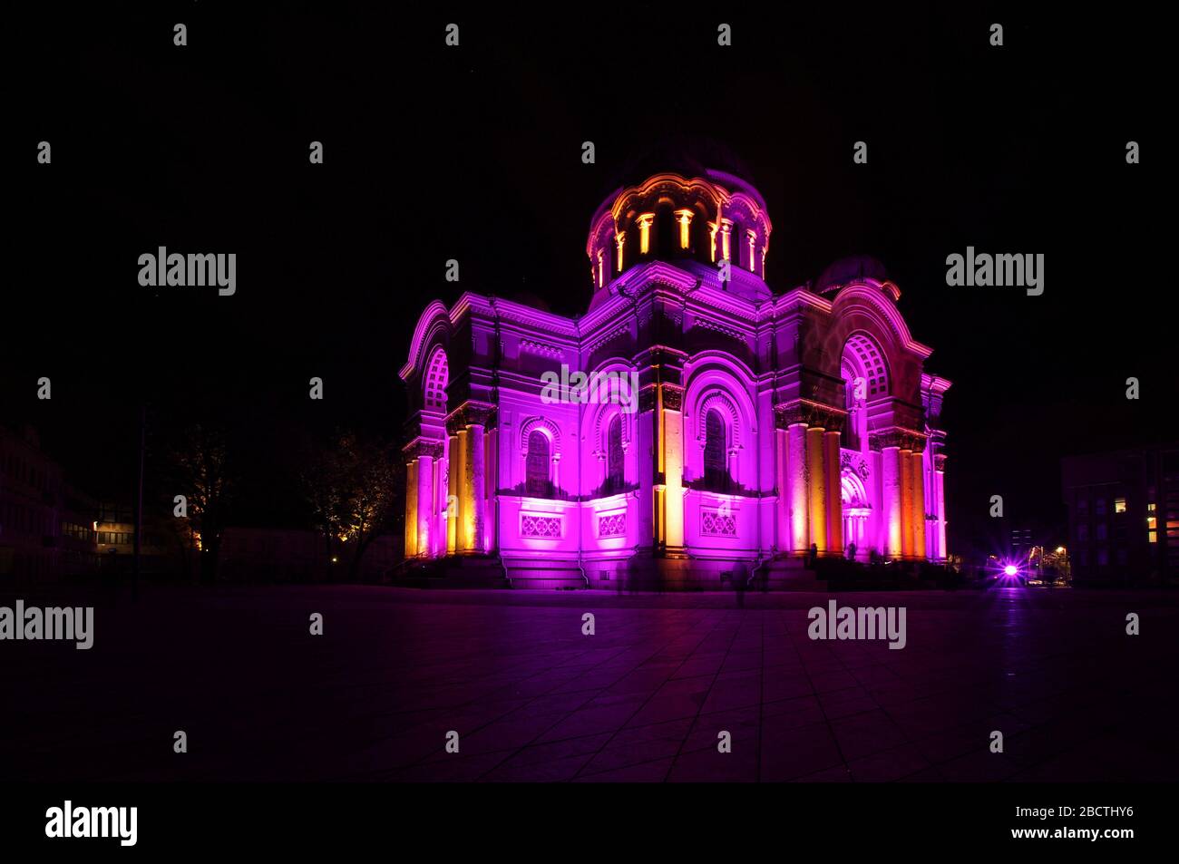 Soboras Church in Kaunas city, Lithuania during light show at night ...