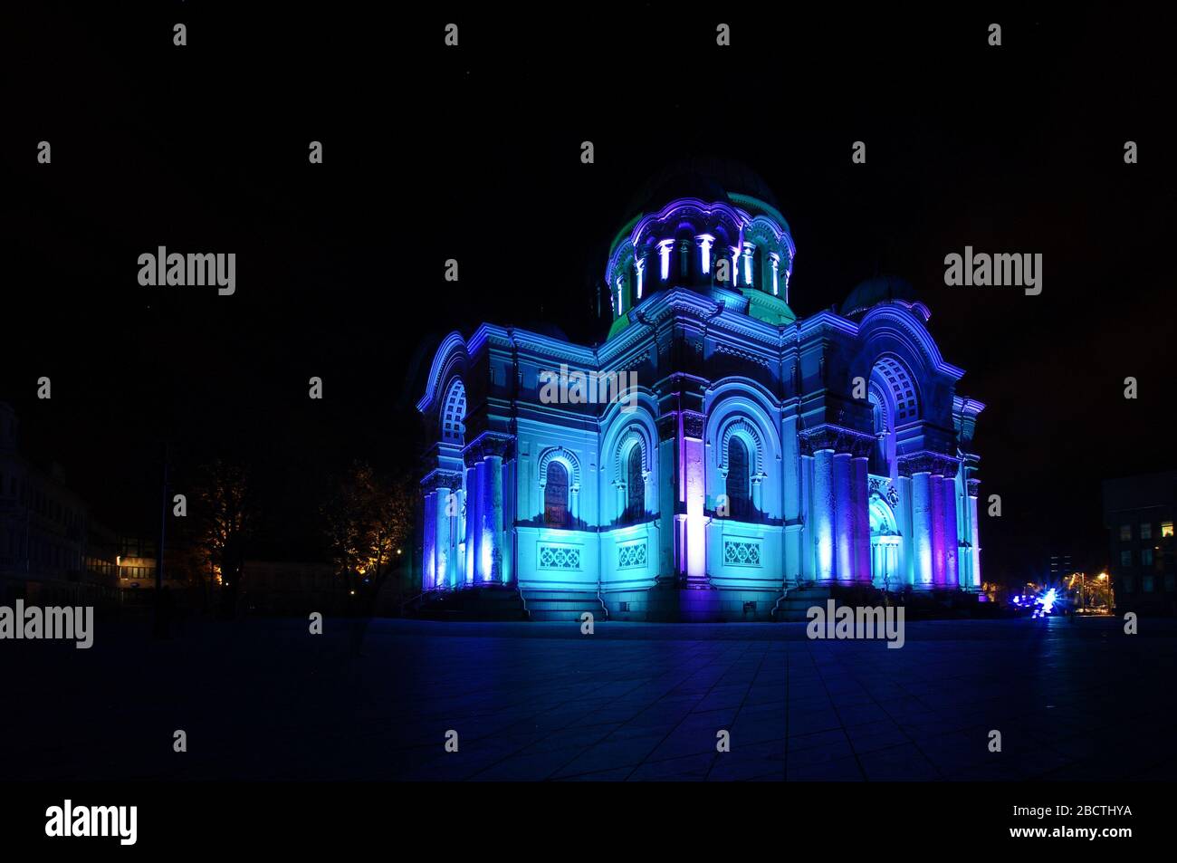 Soboras Church in Kaunas city, Lithuania during light show at night ...