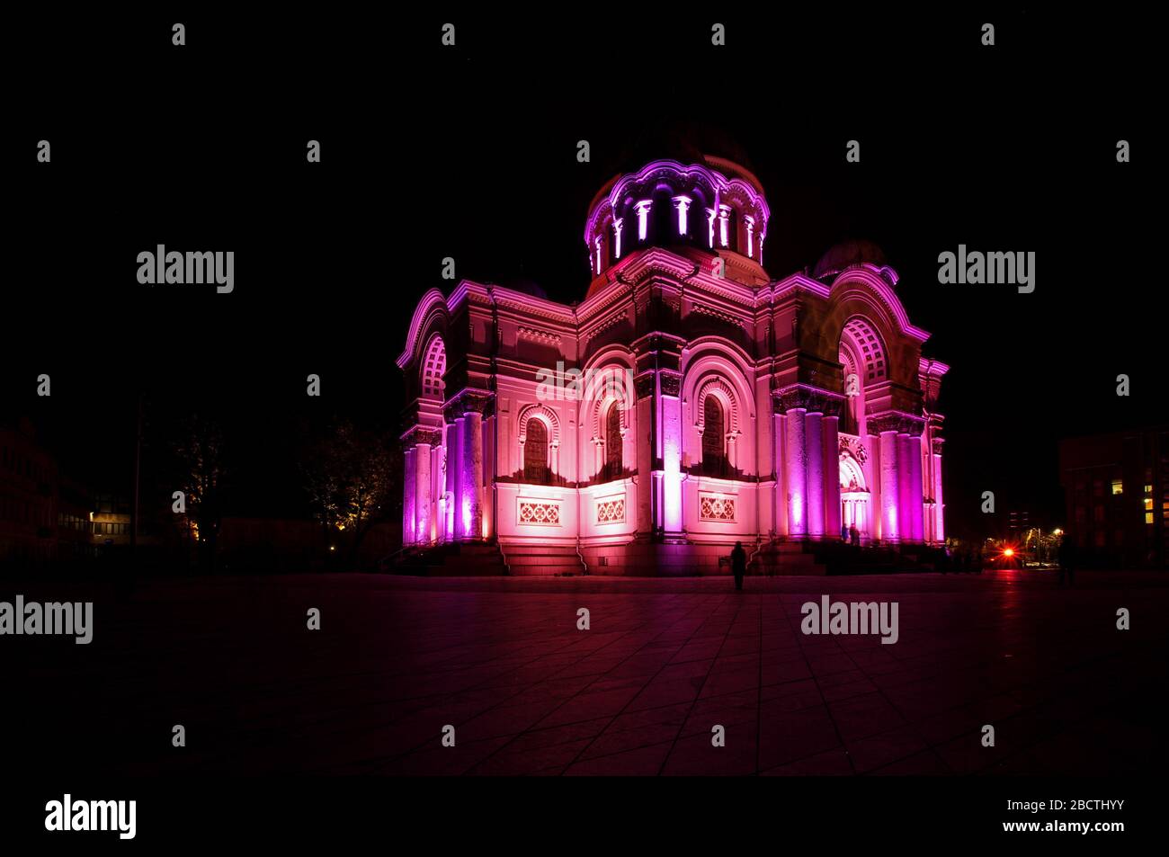 Soboras Church in Kaunas city, Lithuania during light show at night ...