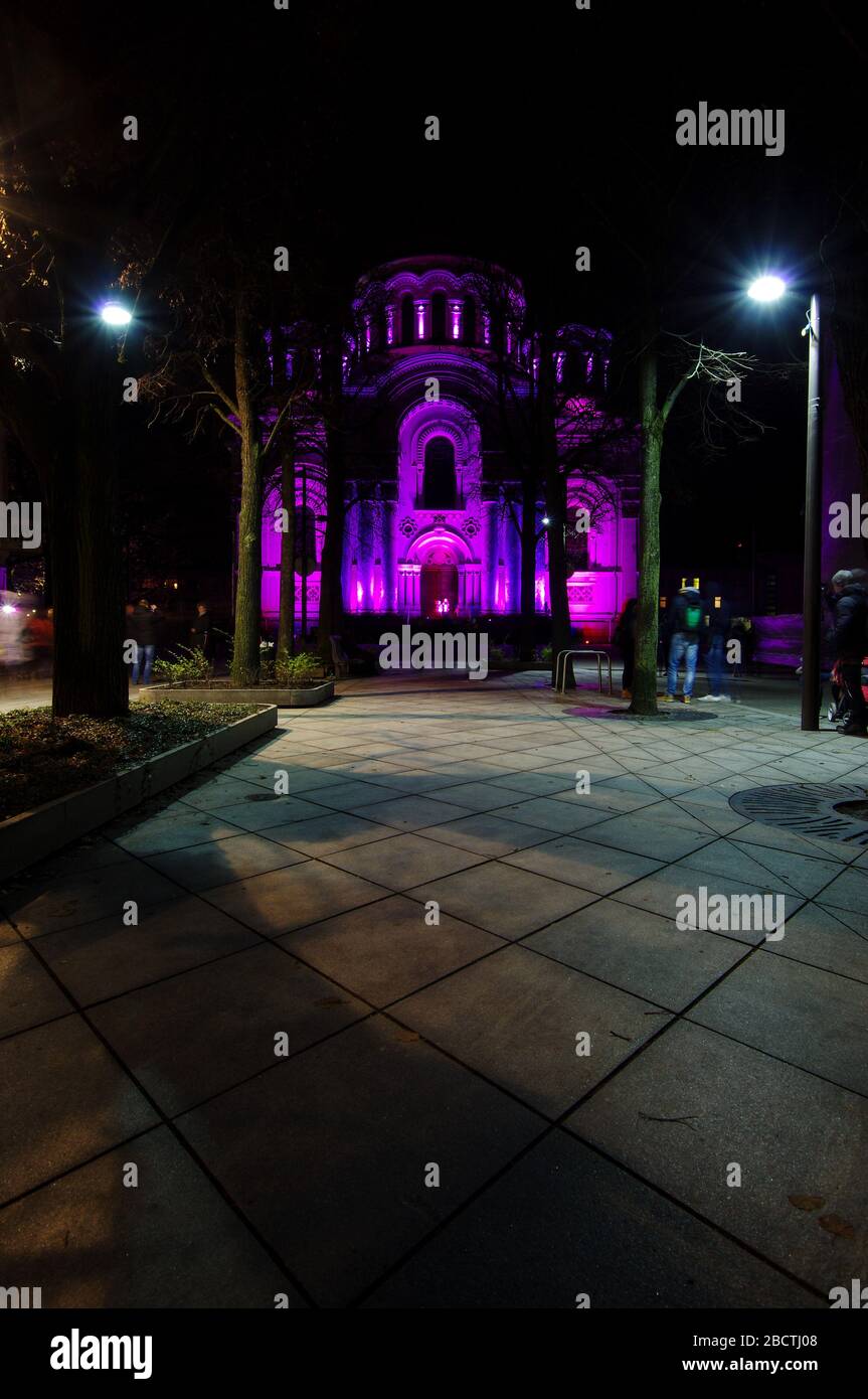 Soboras Church in Kaunas city, Lithuania during light show at night ...