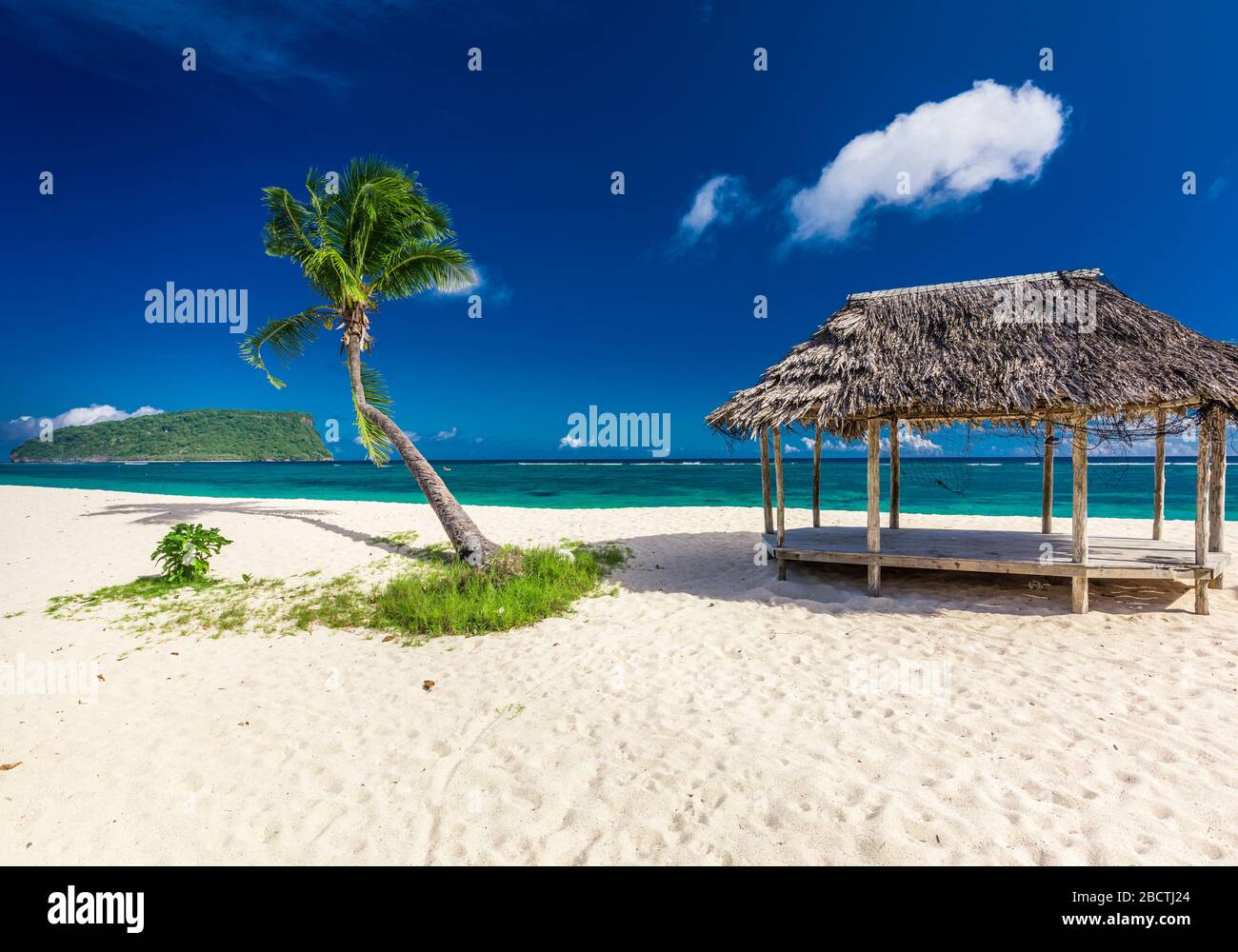 Lalomanu beach with open huts called fales, south side of Upolu Island ...