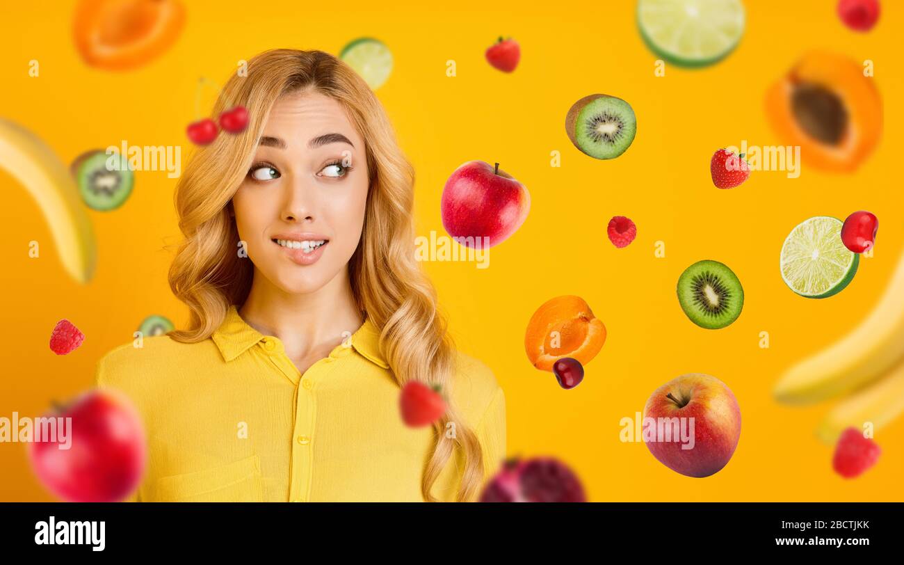 Healthy nutrition. Collage with different fruits flying in air and ...