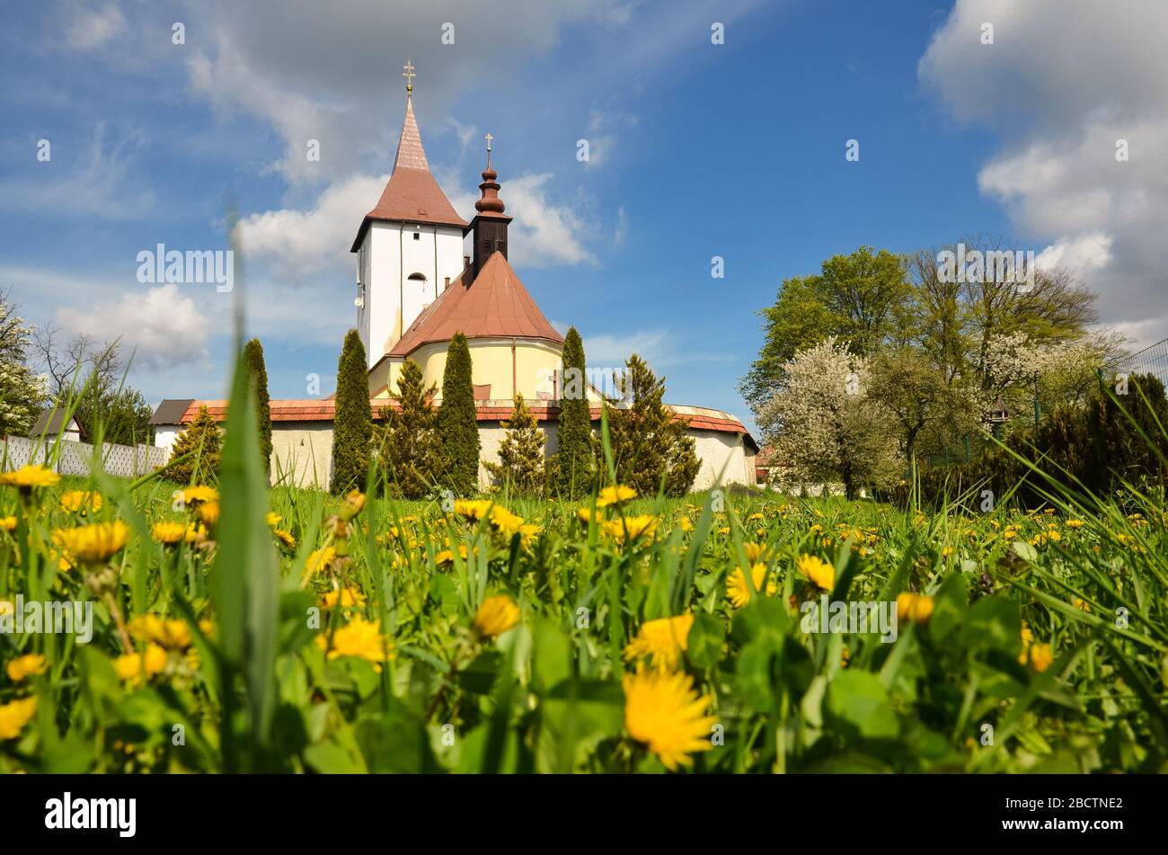 spring over village - church and houses - rural scenery - nature with ...