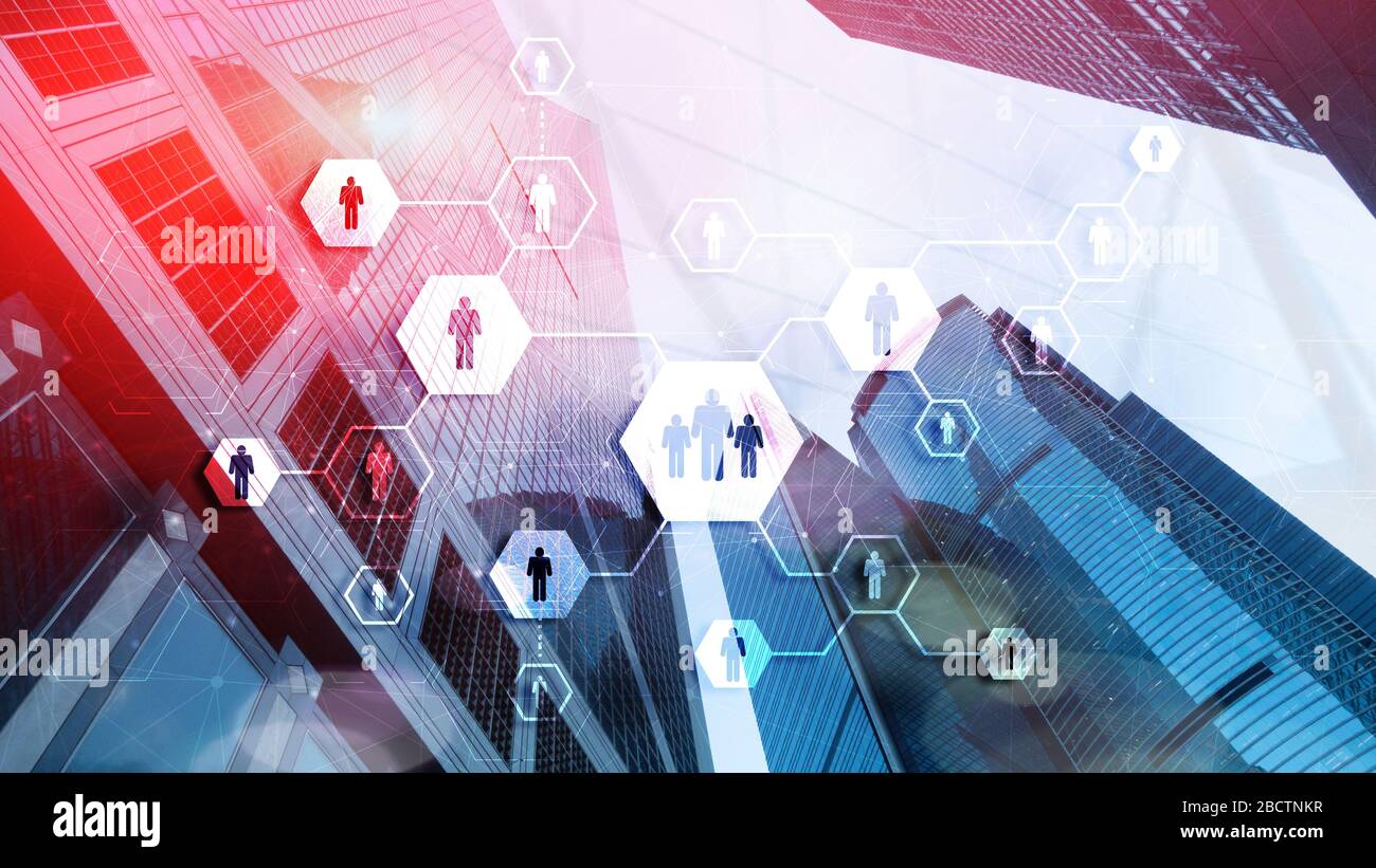 People network connection icons on blurred city connection. Network ...