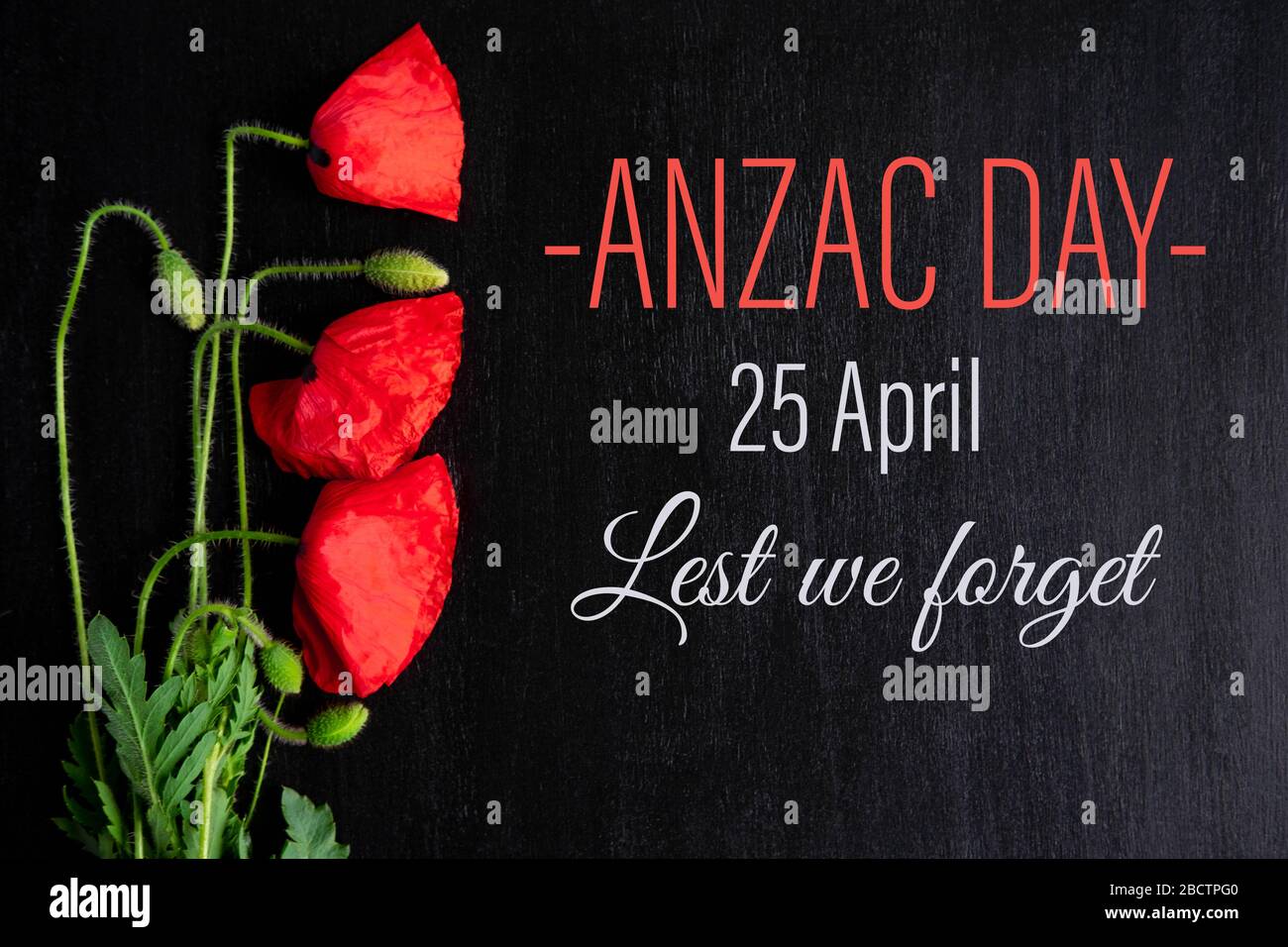 Anzac day. Greeting card with the inscription and poppy flowers on a ...
