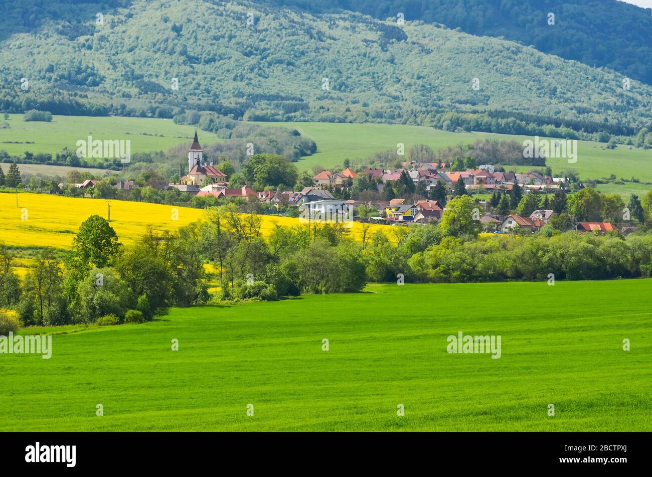 Beautiful green spring meadow in sunrise light, church and village in ...