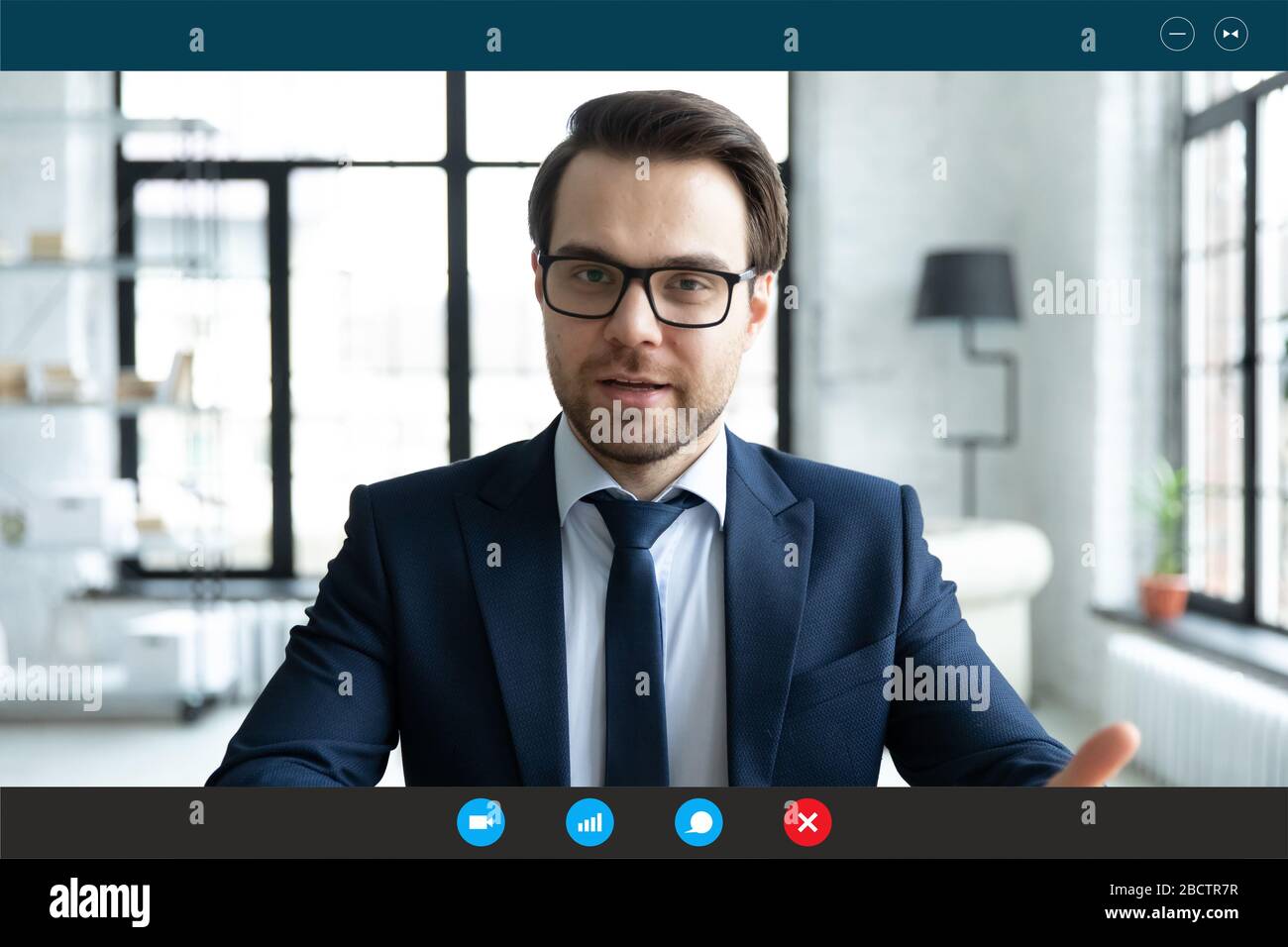 Businessman talking with client by video call, computer screen view ...