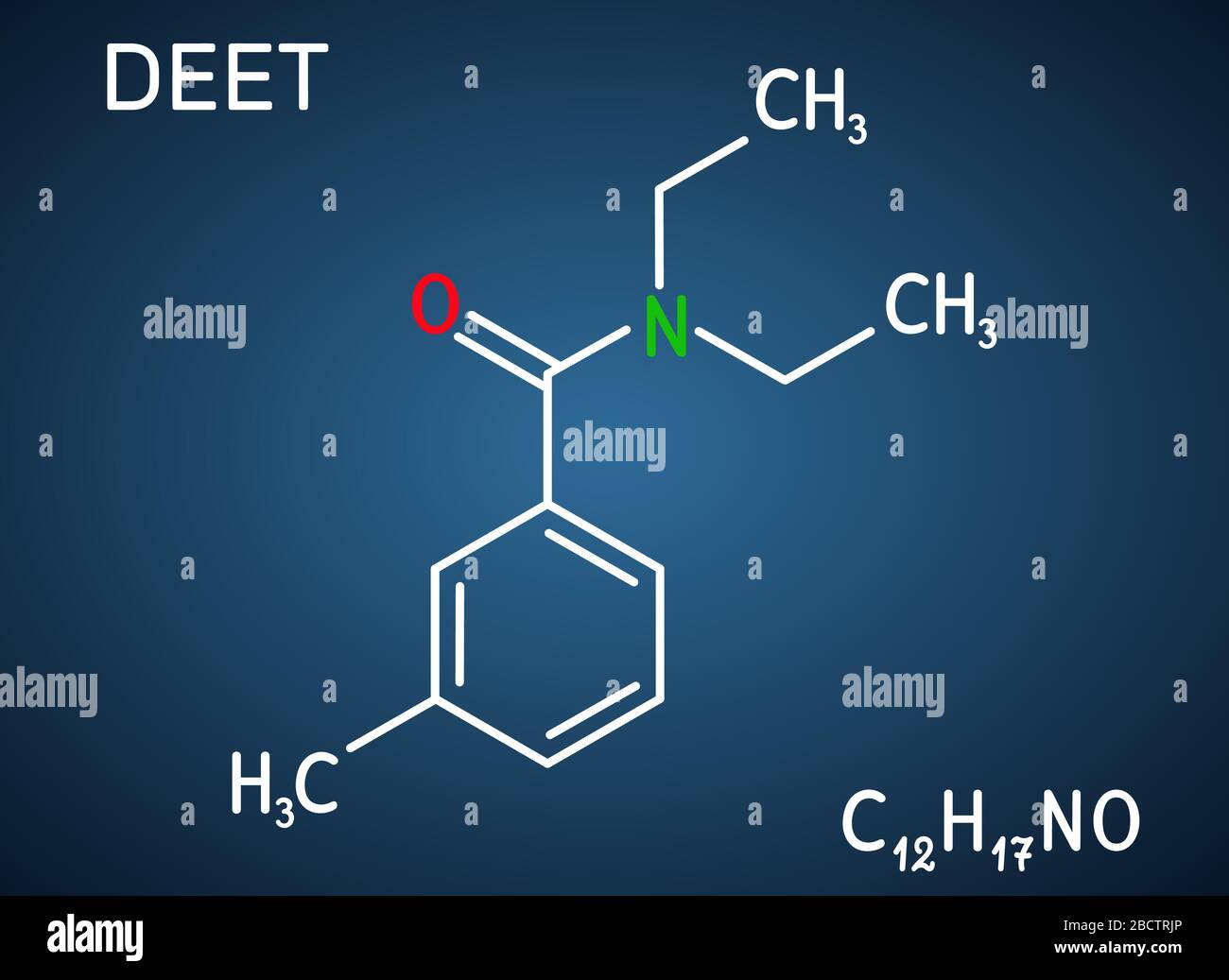 DEET, diethyltoluamide, N,N-Diethyl-meta-toluamide, C12H17NO molecule ...