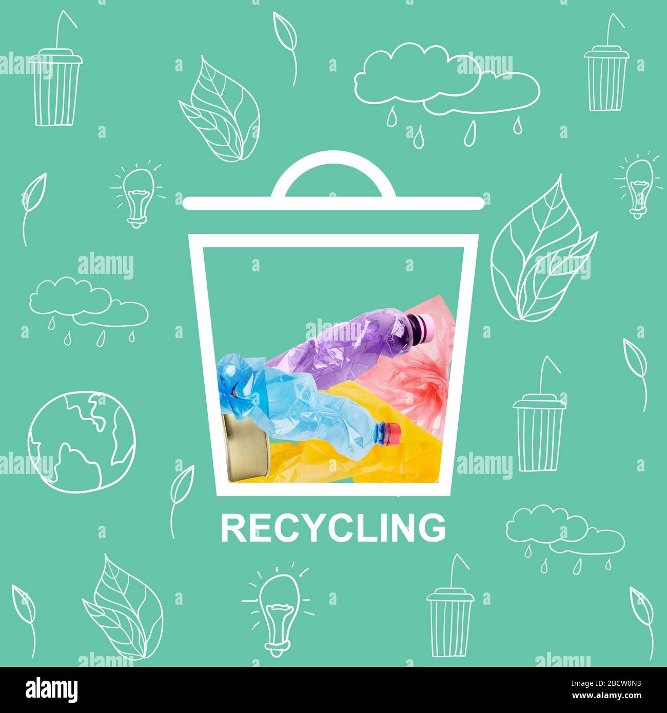 Garbage recycling. Creative collage with dustbin full of plastic ...