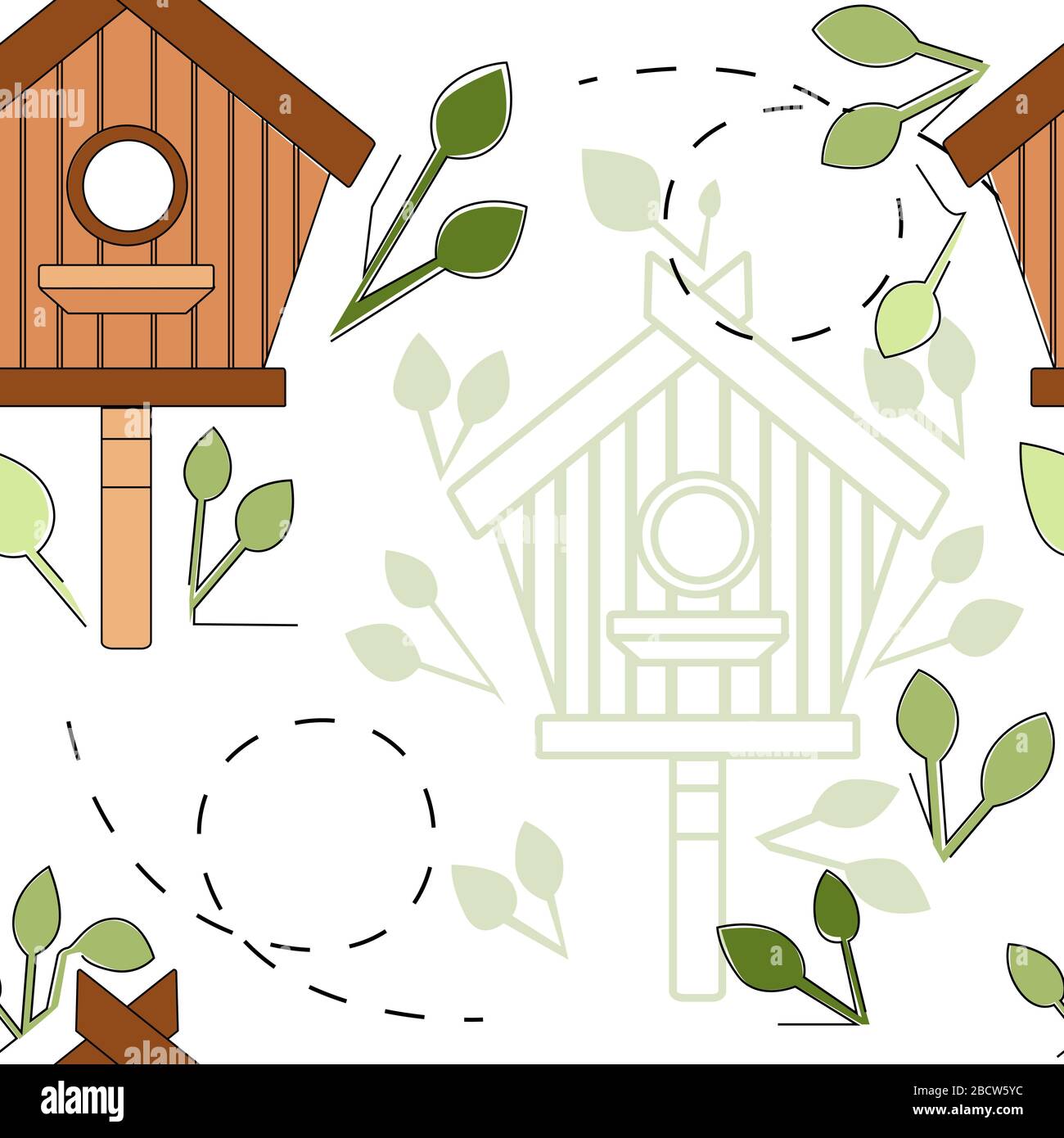 Seamless pattern of nesting box on wooden pole wooden birdhouse flat ...