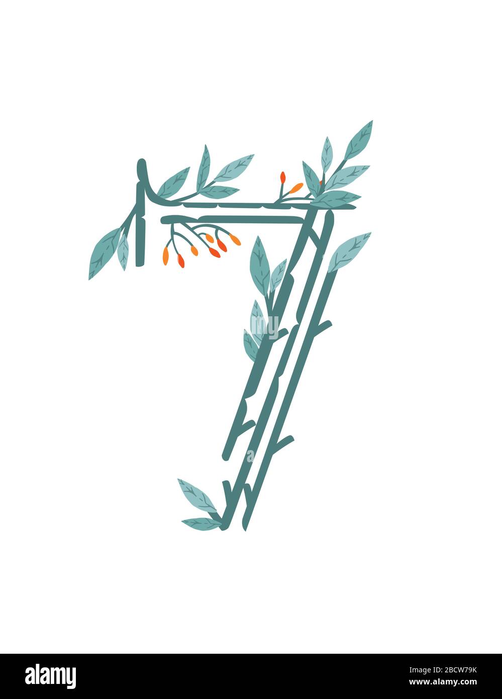 Number 7 style tree branches with leaves and berries botanical flowers ...