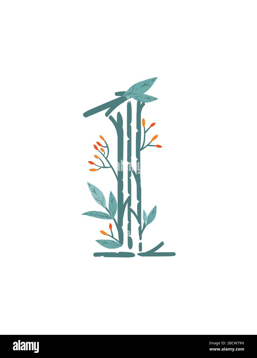 Number 1 style tree branches with leaves and berries botanical flowers ...