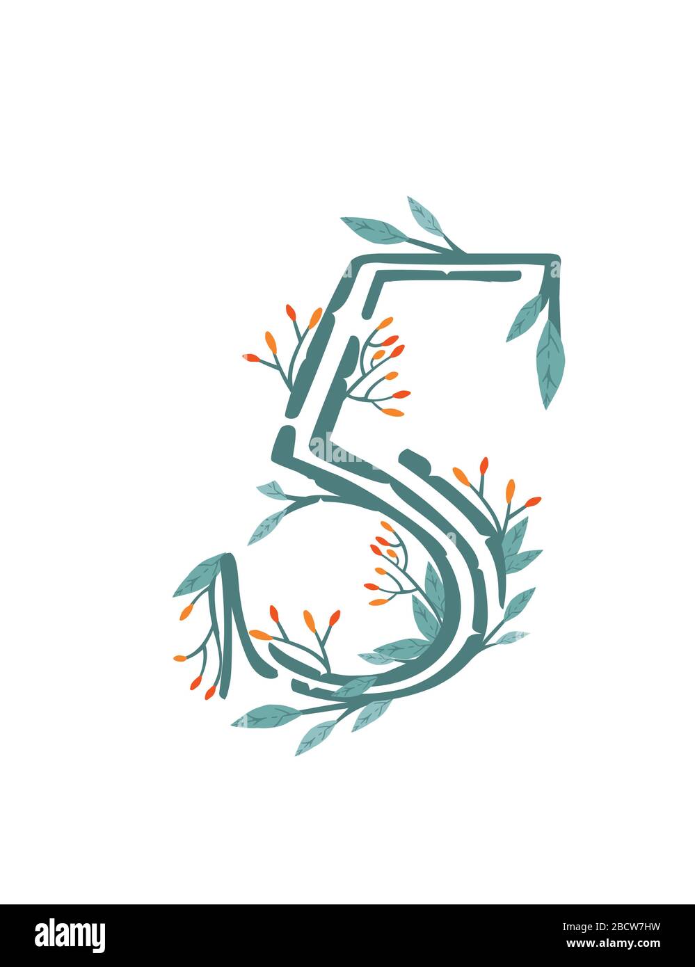 Number 5 style tree branches with leaves and berries botanical flowers ...