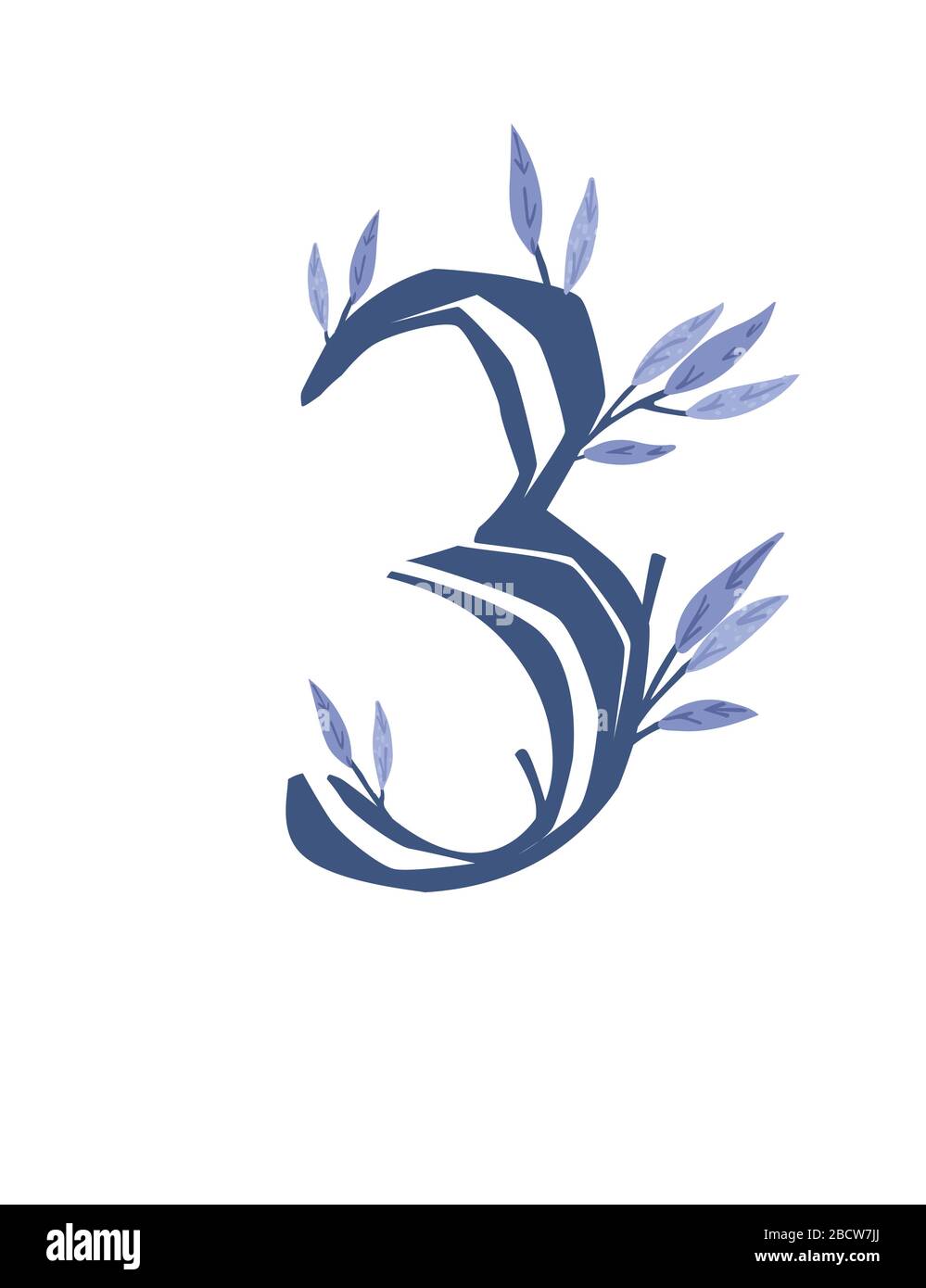 Number 3 style tree branches with blue leaves botanical flowers floral ...