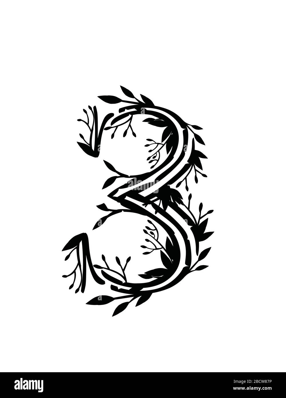 Black silhouette number 3 style tree branches with leaves and berries ...