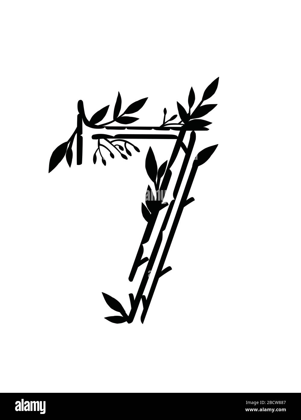 Black silhouette number 7 style tree branches with leaves and berries ...