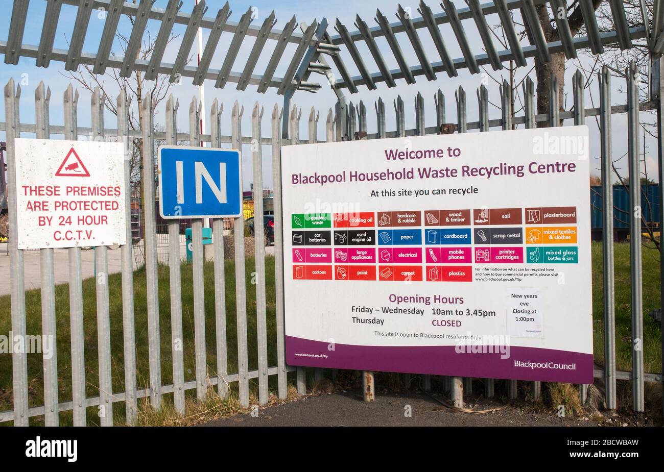 Notices at the entrance to Blackpool Borough Councils waste recycling ...