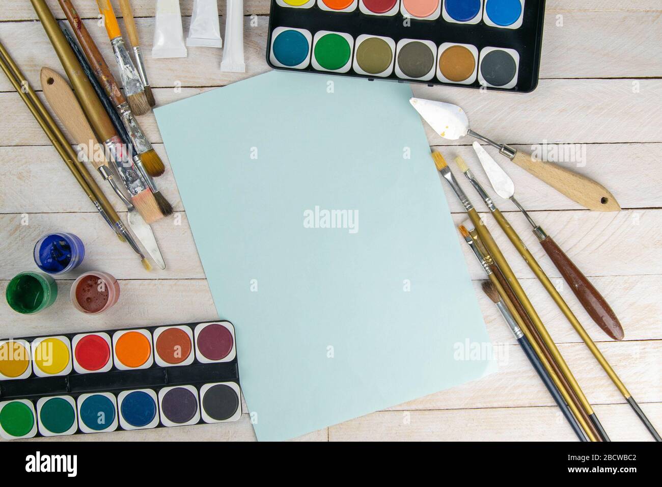 Set of artist accessories collection. Canvas, tube of oil paint, art ...