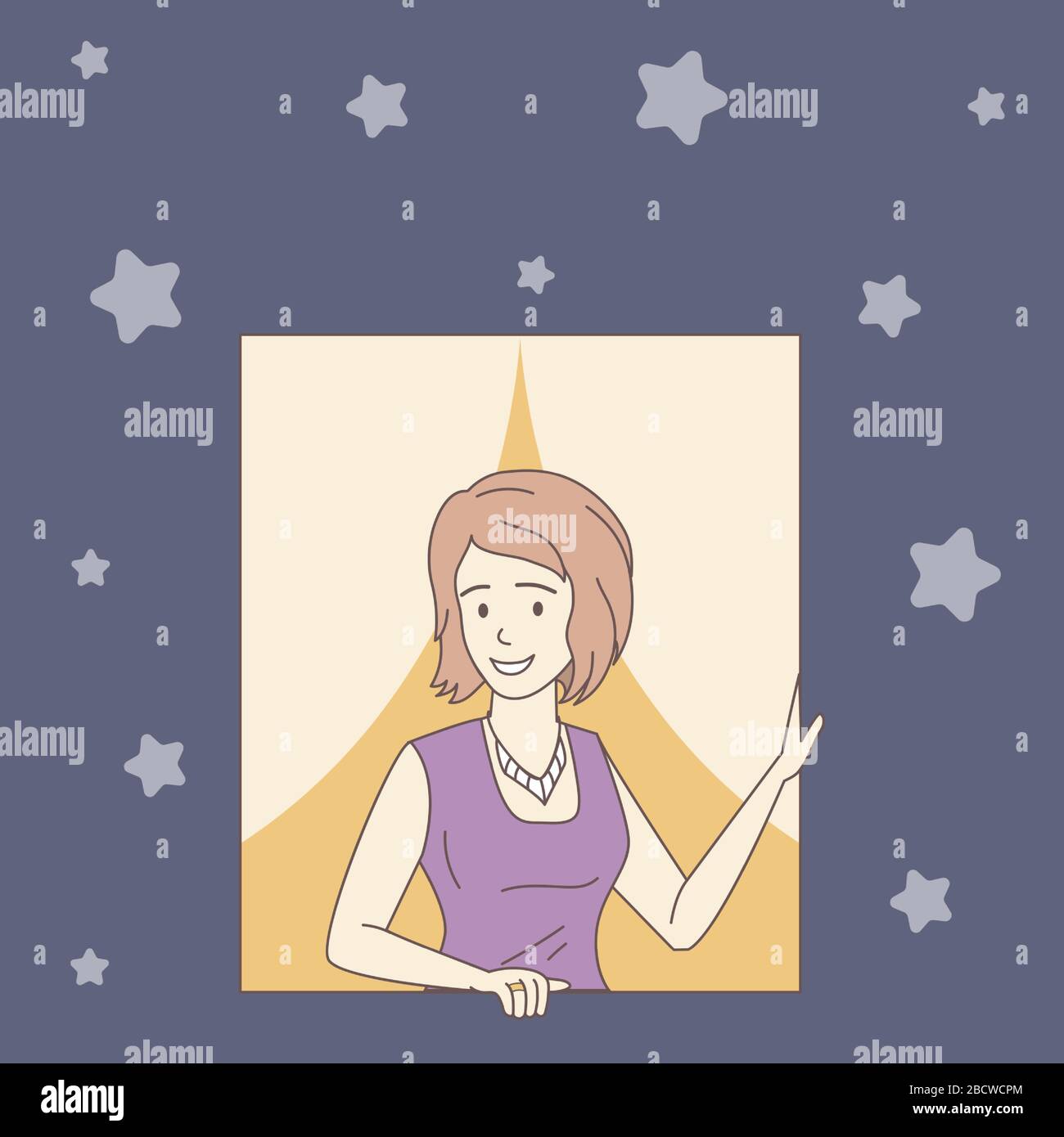 Young happy smiling woman in purple dress looking out of window in the ...