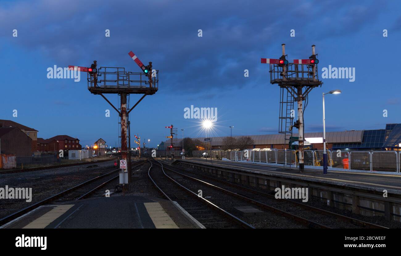 Mechanical bracket railway signals at Blackpool north with Blackpool ...