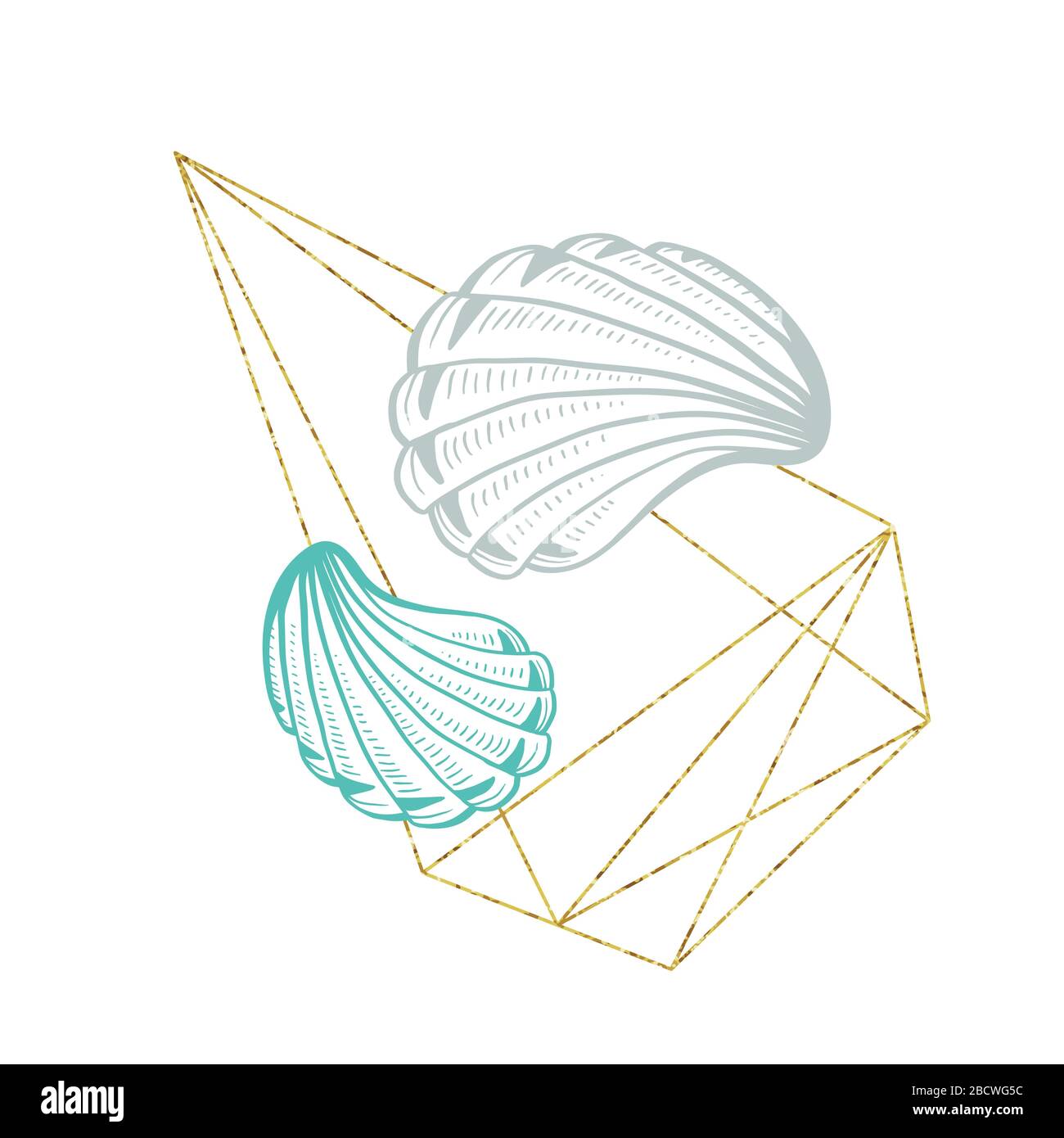 Seashell sketch in gold geometric crystal line frame, vector ...