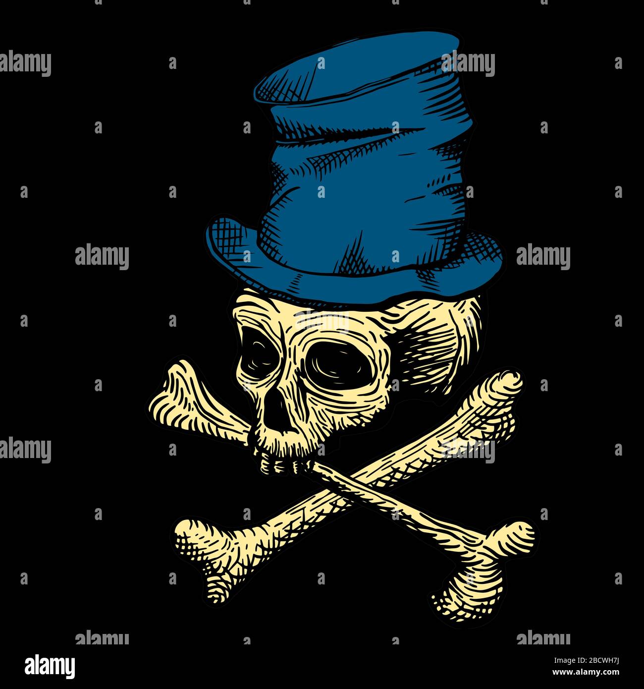 Hand drawn skull of a dead man in a blue crumpled top hat, with ...