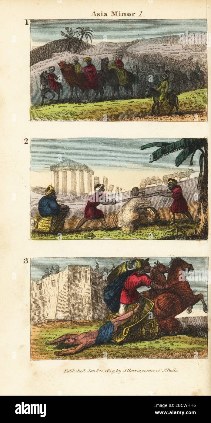 Historical views of Asia Minor. Turkish pilgrims in a Hajj caravan over ...