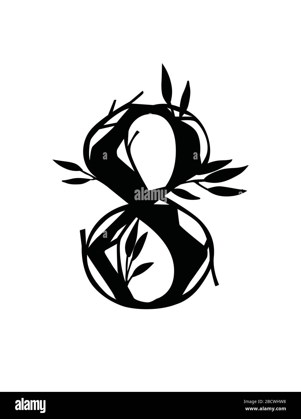 Black silhouette number 8 style tree branches with leaves botanical ...