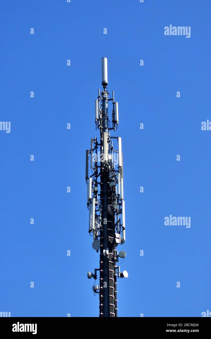 Telecom tower antennas and satellite transmits the signals of cellular 5g 4g mobile signals ...