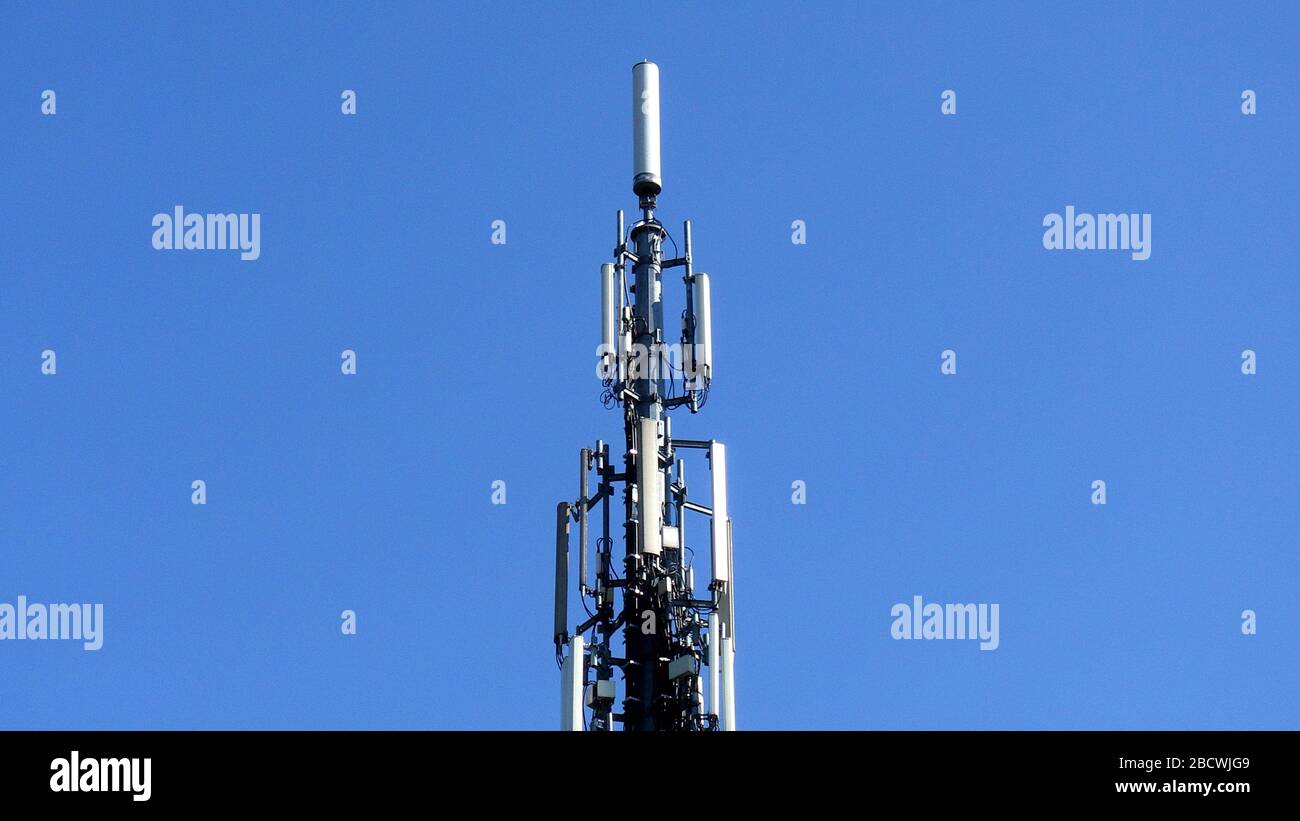 Telecom tower antennas and satellite transmits the signals of cellular 5g 4g mobile signals ...