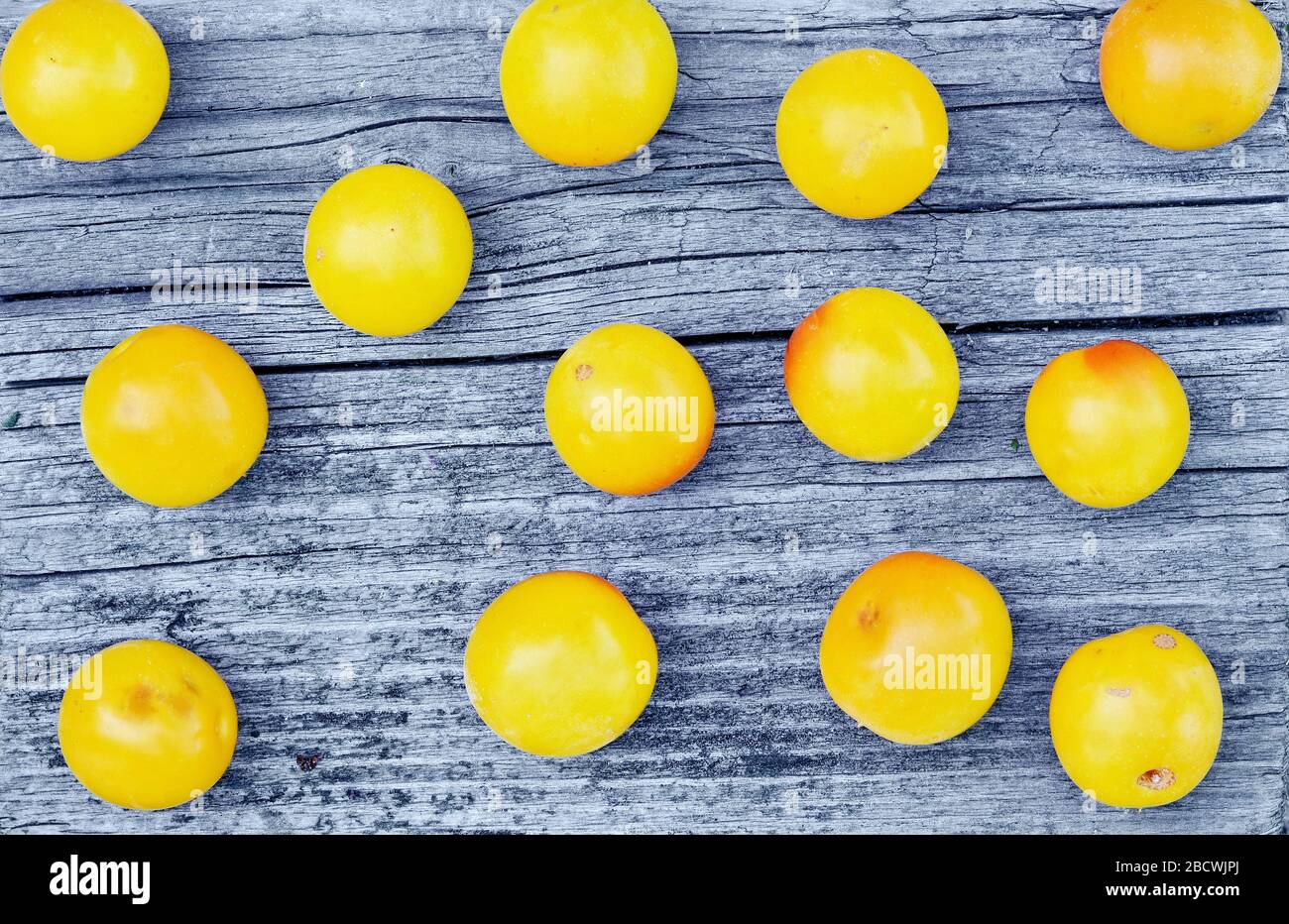 Wild yellow plums on an old wooden board, rare old varieties Stock ...