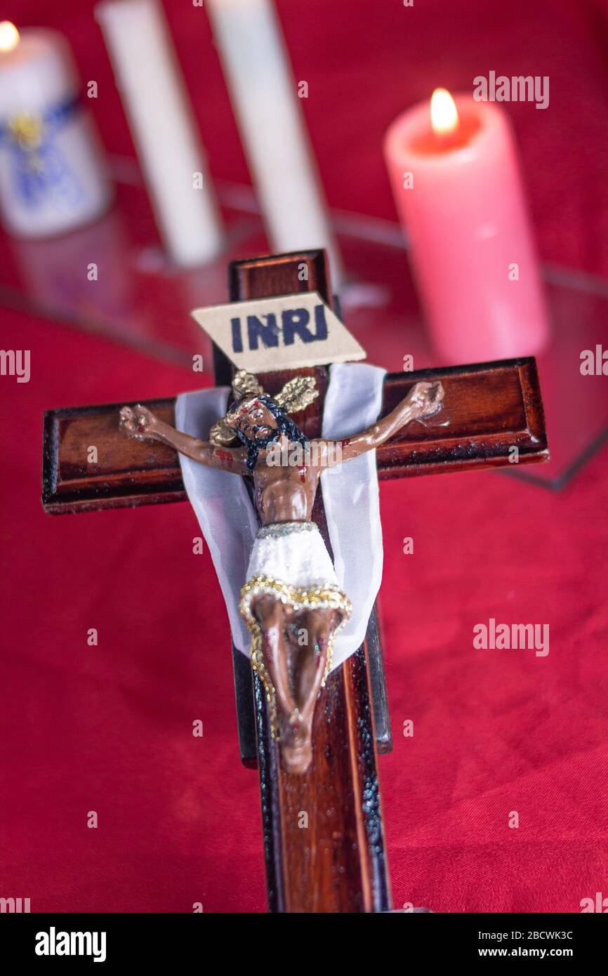 christ jesus holy week with candles behind and red tablecloth 4 INRI ...