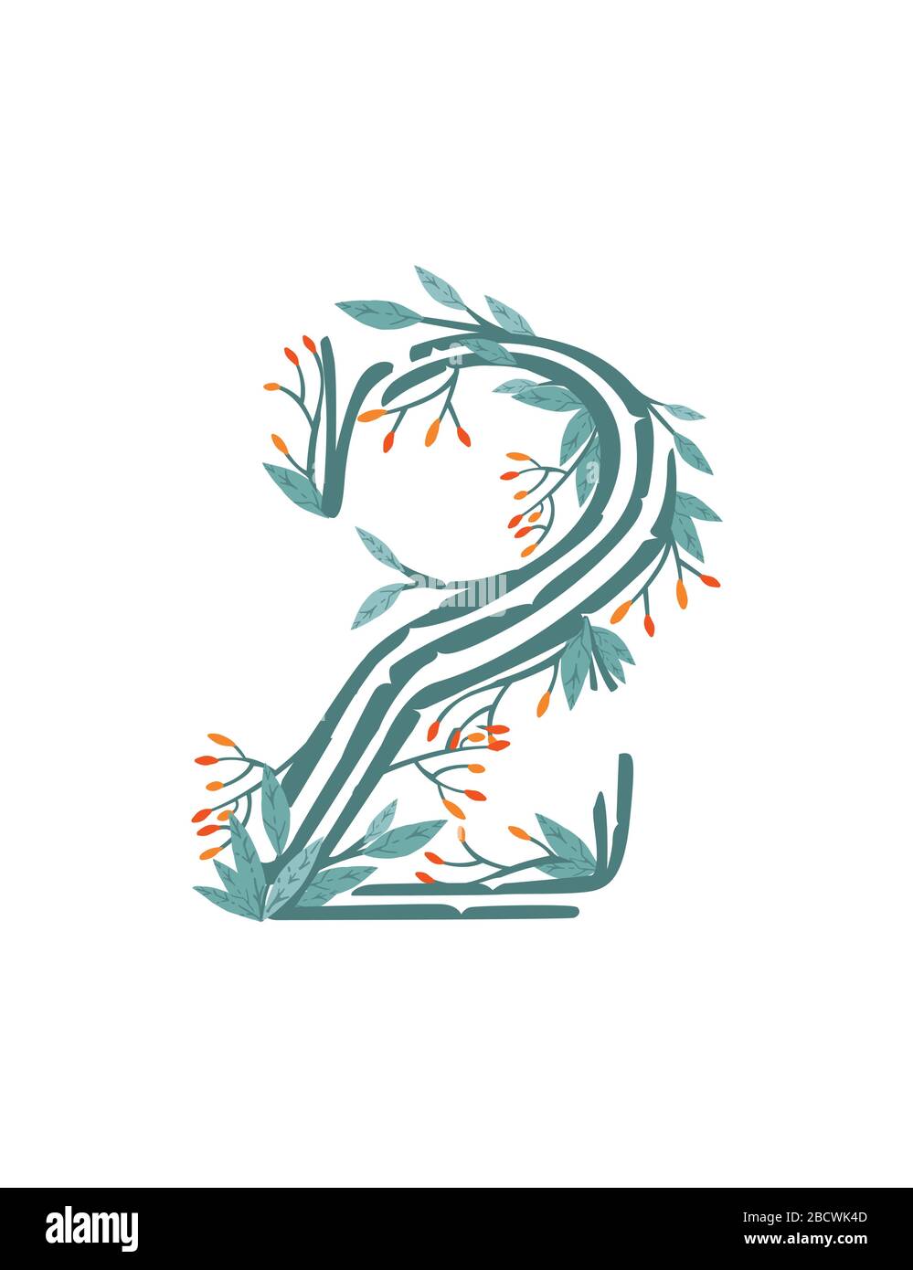 Number 2 style tree branches with leaves and berries botanical flowers ...