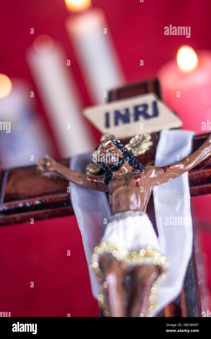 christ jesus holy week with candles behind and red tablecloth INRI ...