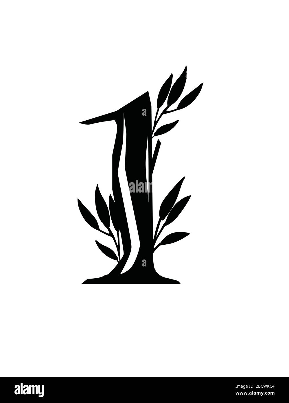 Black silhouette number 1 style tree branches with leaves botanical ...