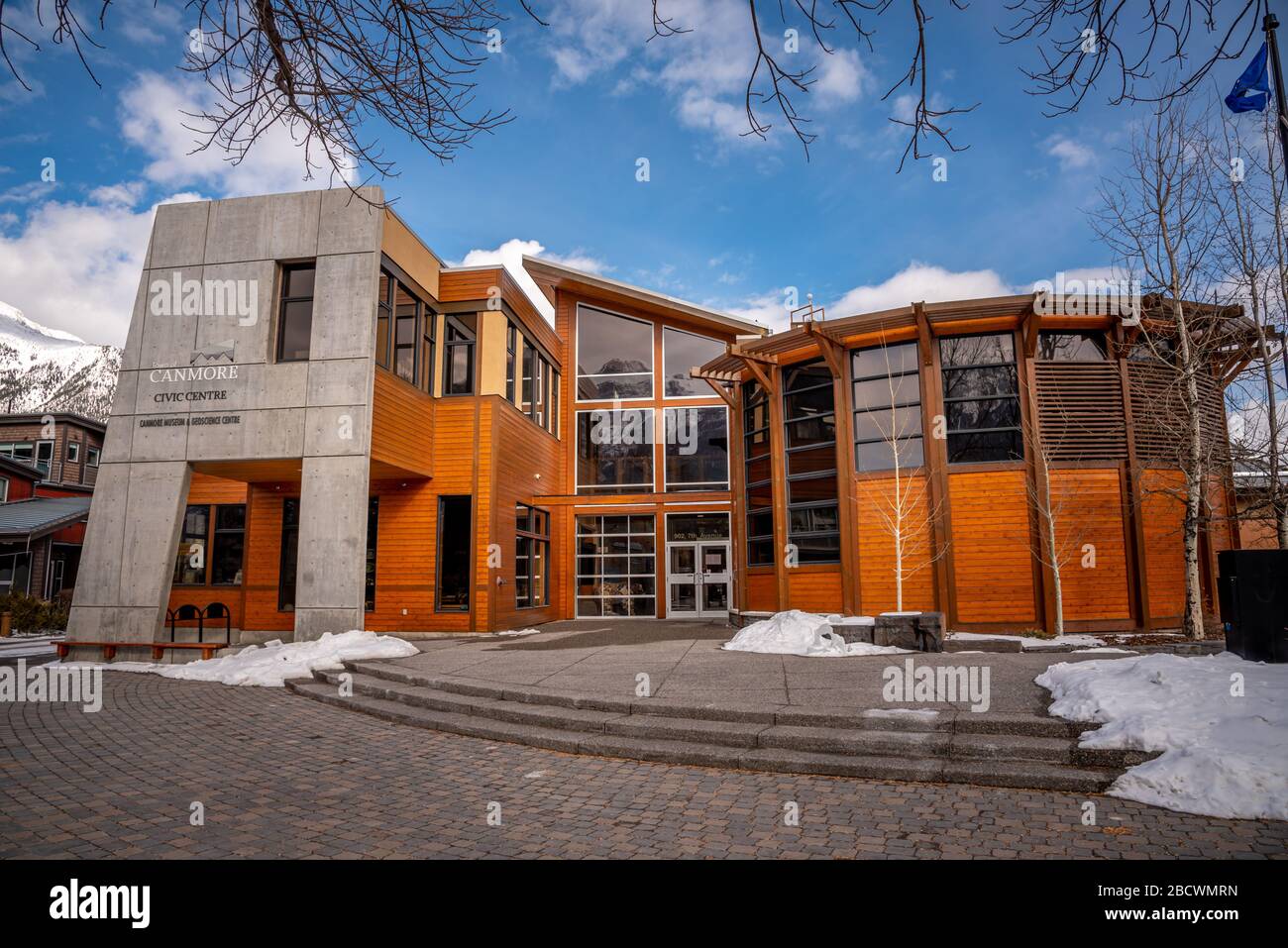 Canmore, Alberta - April 4, 2020: Exterior facade of the Canmore Civic ...