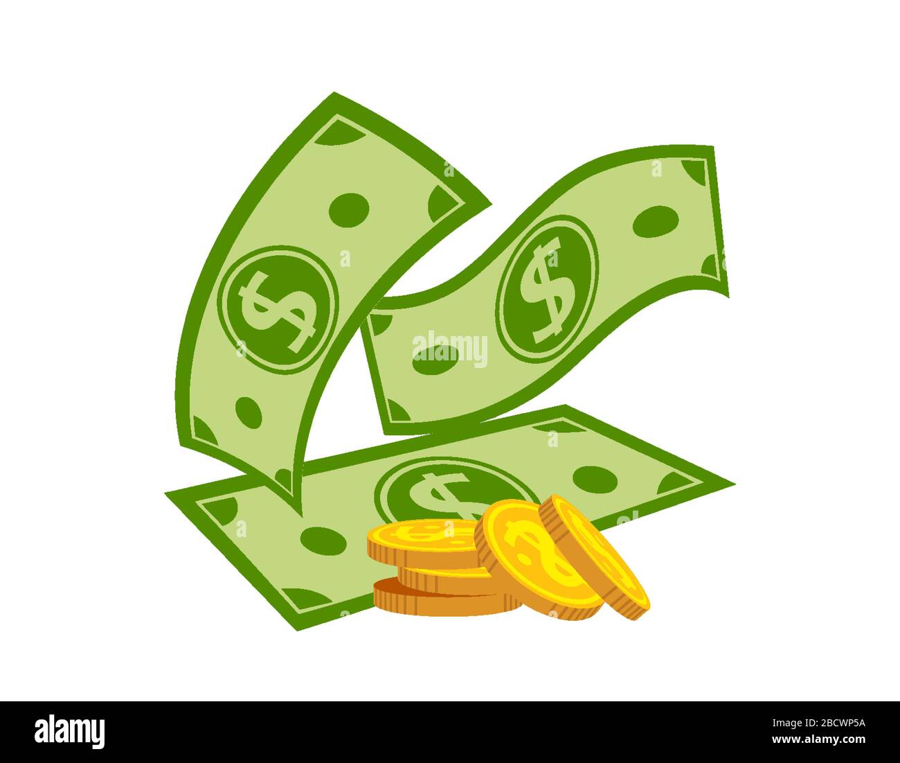 Pocket money falling flat cartoon. Money banknote and coin. Gold coins ...