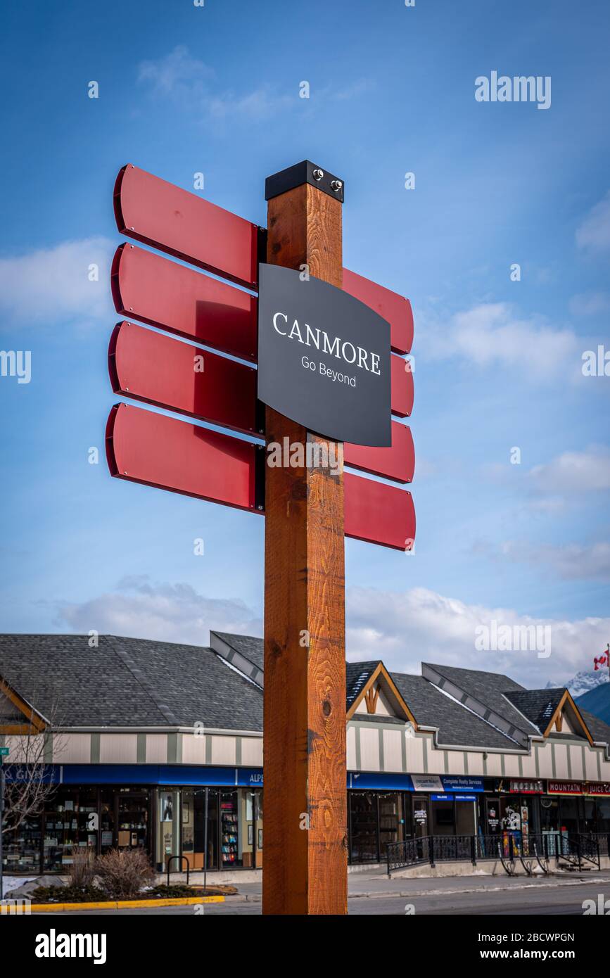 Canmore, Alberta - April 4, 2020: Town of Canmore signage with ...