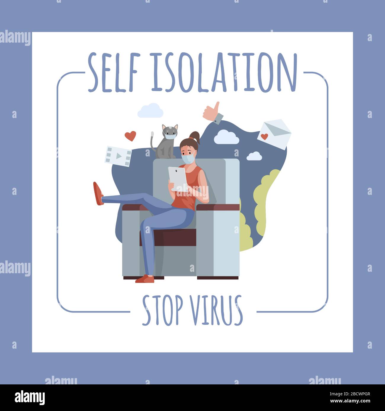 Self isolation and stop virus flyer template. Woman in face mask ...