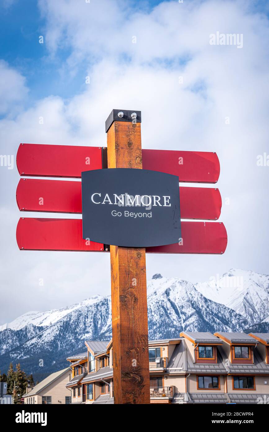 Canmore, Alberta - April 4, 2020: Town of Canmore signage with ...
