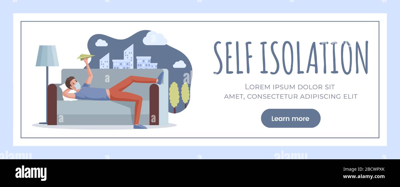 Self isolation, stop COVID-19 web banner concept. Man in face mask ...
