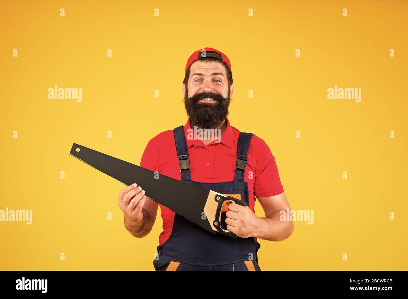 Sharp blade of saw. Dangerous job. Feeling manly. Carpenter with saw in ...